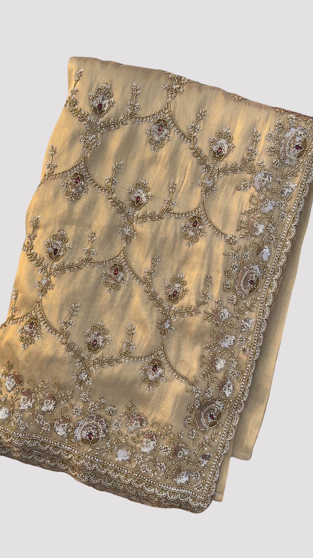 Golden Tissue Saree With Moti, Cutdana & Sequins Work